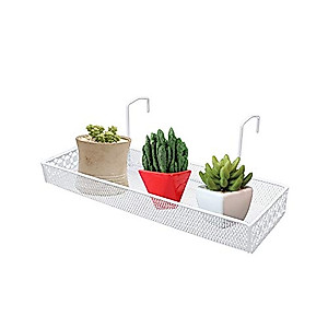 Chris.W Iron Hanging Shelf Basket with Hooks Balcony Succulent Plants Mini Flower Pot Holder Railing Shelf, for Patio Porch or Fence (White)-Small