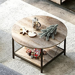 YITAHOME Round Coffee Table,Wood Coffee Table for Living Room,2-Tier Rustic Farmhouse Circle Coffee Table with Sturdy Metal Legs Storage Shelf,Grey Wash