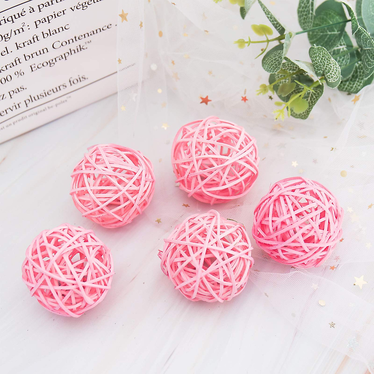 HaiMay 45 Pieces Wicker Rattan Balls Decorative for Vase Fillers,Bird Toys,Garden,Party,Wedding,Table Decoration,1.8 Inch(Pink)