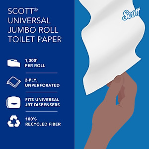 Scott Essential Jumbo Roll JR. Commercial Toilet Paper (67805), 100% Recycled Fiber, 2-PLY, White, 12 Rolls / Case, 1000' / Roll