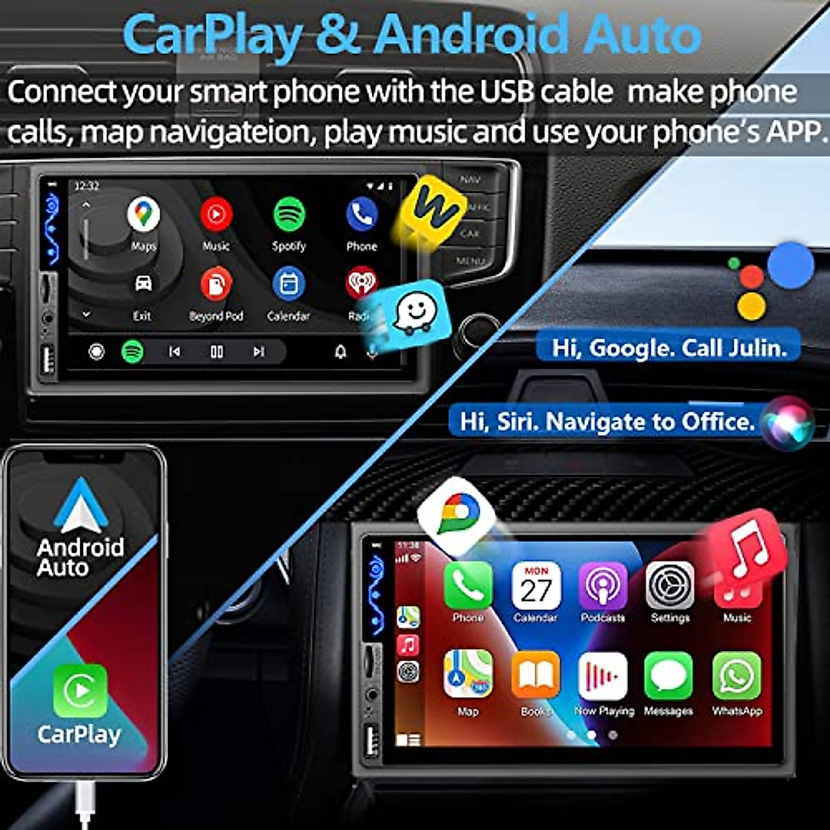 Double Din Car Stereo Compatible with Apple CarPlay and Android Auto - 7inch HD Touchscreen Car Audio Receivers with Bluetooth, Mirror Link, Backup Camera, SWC/USB/AUX/TF/Subwoofer, FM Car Radio