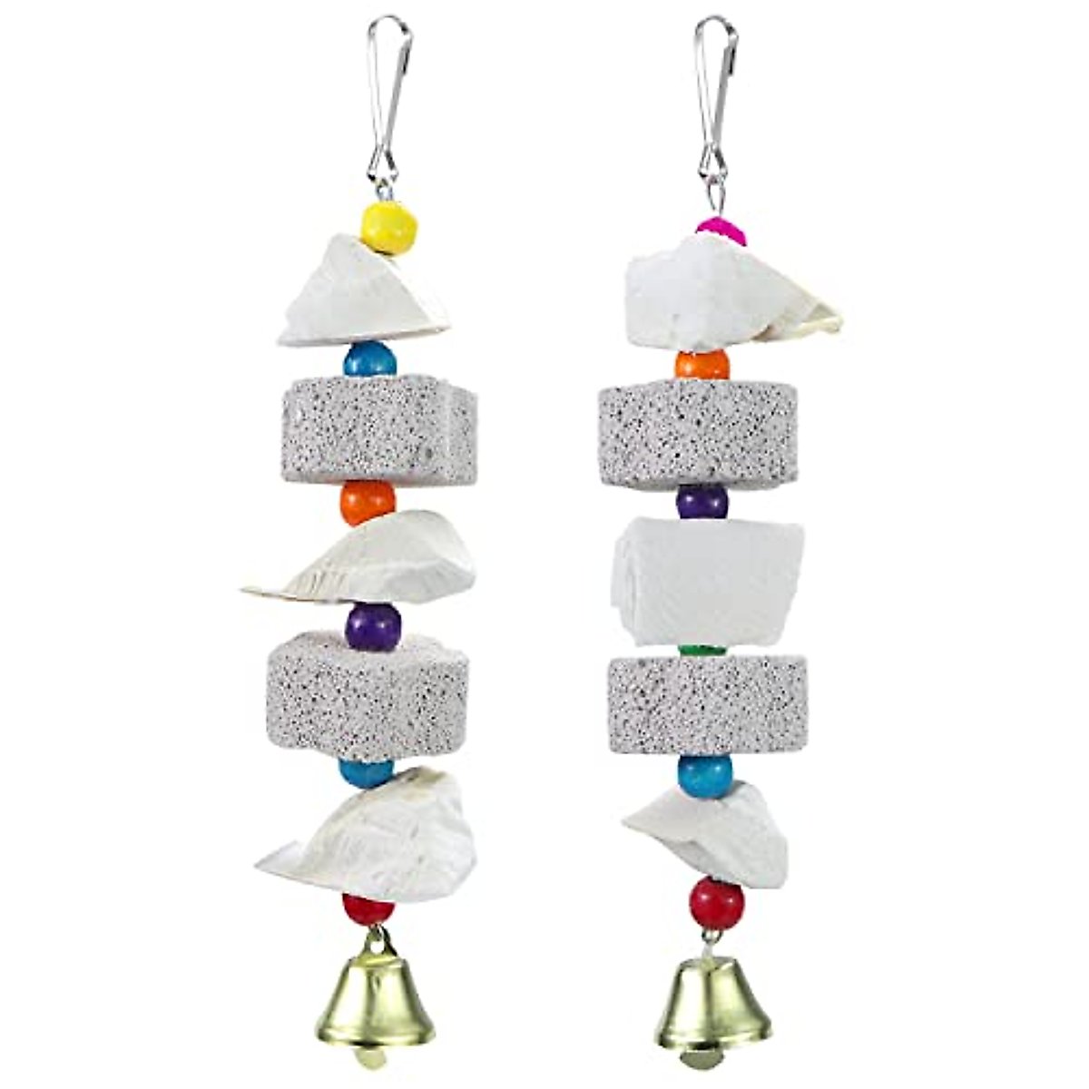 Litewoo Parrot Bird Chew Toys 2-Pcs, Bird Beak Trim Cuttlebone Calcium Stone Lava Block Chew Toy with Bell for Parakeet Conure Lovebird Cockatiel Finch Budgie Parrots
