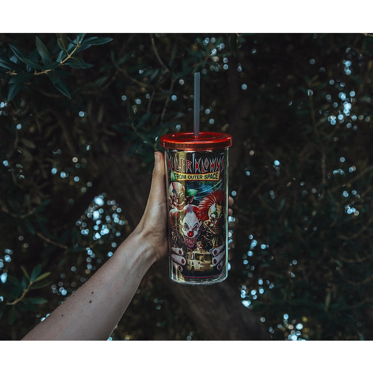 Silver Buffalo Killer Klowns From Outer Space Plastic Cold Cup With Spill-Resistant Lid and Reusable Straw | Double-Walled Travel Tumbler For Drinks | Holds 20 Ounces