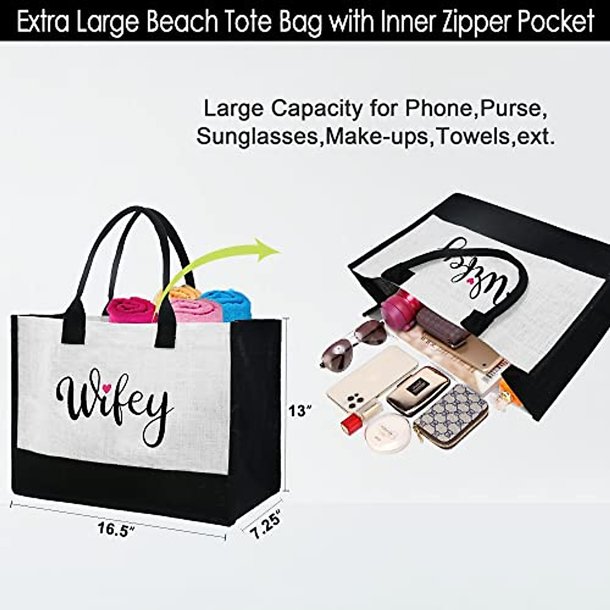 BeeGreen Wifey Jute Beach Bag w Inner Zipper Pocket White Burlap Tote Bag Laminated Interior Large Wedding Gifts Embroidery Monogram Bridesmaid Gift for Engagement Honeymoon Bridal Shower Gift