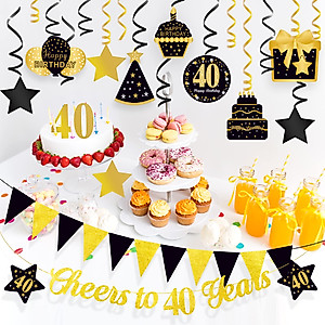 PRE-STRUNG 40th Birthday Banner, Cheers to 40 Years Banner, Happy 40th Birthday Hanging Swirl Ceiling Decoration for Men Women Him Her, Black Gold 40 Year Old Birthday Party Decor Kit, 30PCS, Vicycaty