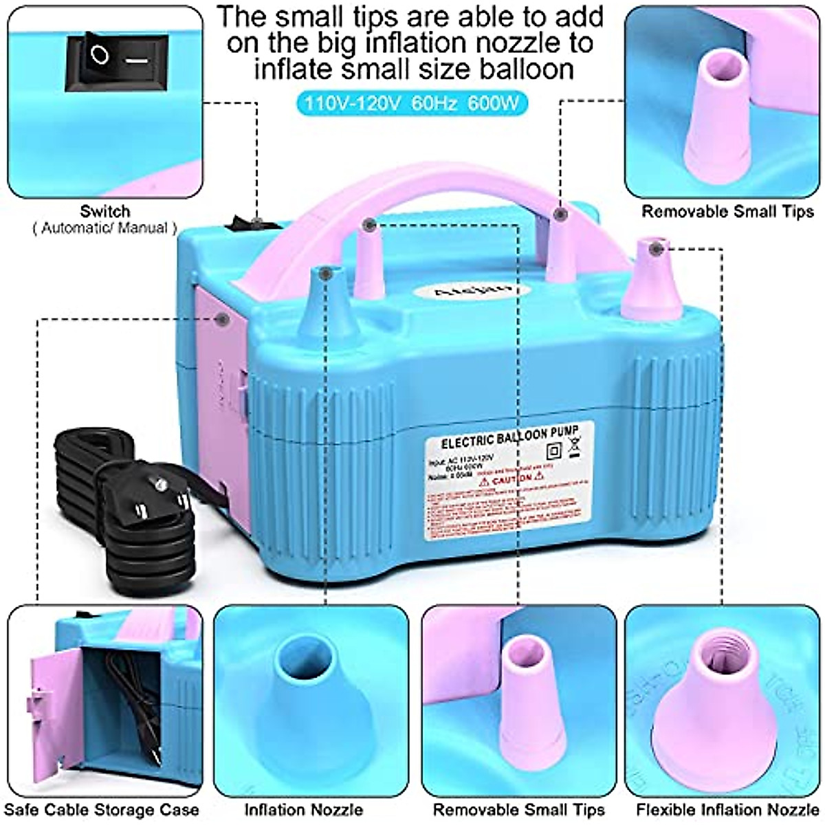 Balloon Pump,134 PCS Electric Balloon Pump 110V 600W Portable Dual Nozzles- Ballon Arch Garland Kit with Tape Strip, Tying Tool, Dot Glue, Flower Clip for Party Decoration