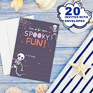 Halloween Birthday Invitations - Cobweb & Skull, Spooky Fun! - 20 Invitation Cards With Envelopes, Double-Sided Invites For Boy & Girls, Teens, Birthday Party Favor, Decorations & Supplies - 01