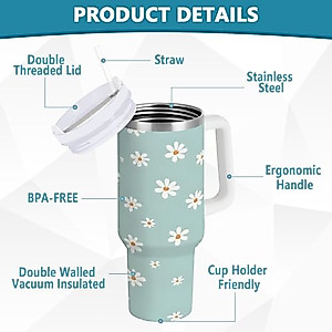 Jihqo Simple Daisies 40 oz Stainless Steel Vacuum Insulated Tumbler with Handle and Straw Lid, Leakproof Water Bottle Double Wall Travel Mug Coffee Cup, Cupholder Friendly