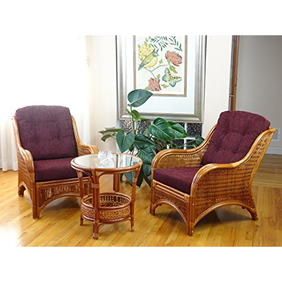 Jam Living Set of 2 Lounge Natural Rattan Chairs Loveseat with Dark Brown Cushions and Coffee Table w/Glass Handmade Design, Cognac