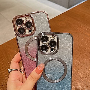 HYUEKOKO Compatible with iPhone 14 Pro Max Magnetic Gardient Glitter Case, Plating Bling Cute Case with MagSafe for Women Girls Full Camera Protector Back Cover for iPhone 14 Pro Max 6.7'' Pink