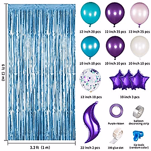 JOYYPOP Mermaid Balloon Garland Kit 121pcs with Mermaid Tail Foil Balloons, Light Blue Foil Fringe Curtain for Mermaid Ocean Theme Party Under The Sea Party Decorations(purple)