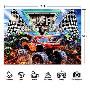 Newsely Truck Themed Birthday Party Backdrop 7Wx5H Monster Boys Kids Happy Birthday Background Photography Jam Burning Flame Car Grave Digger Party Decorations Banner Photo Booth Props Supplies