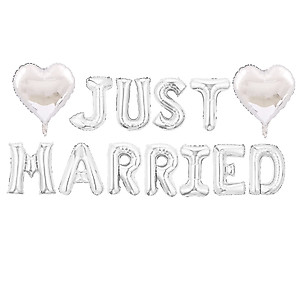 Kunggo Just Married Balloon Banner, 16 inch Quality WeddingBacheloretteBridal ShowerWedding Engagement Party Decors Supplies. (SILVER KIT)