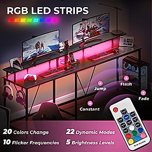Huuger L Shaped Gaming Desk with LED Lights & Power Outlets, Computer Desk with Monitor Stand & Hooks, Home Office Desk, Corner Gaming Desk, Black