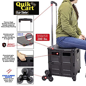 dbest products Quik Cart Elite Stair Climber Wheeled Rolling Crate Teacher Utility With seat Heavy Duty Collapsible Basket With Handle, Black