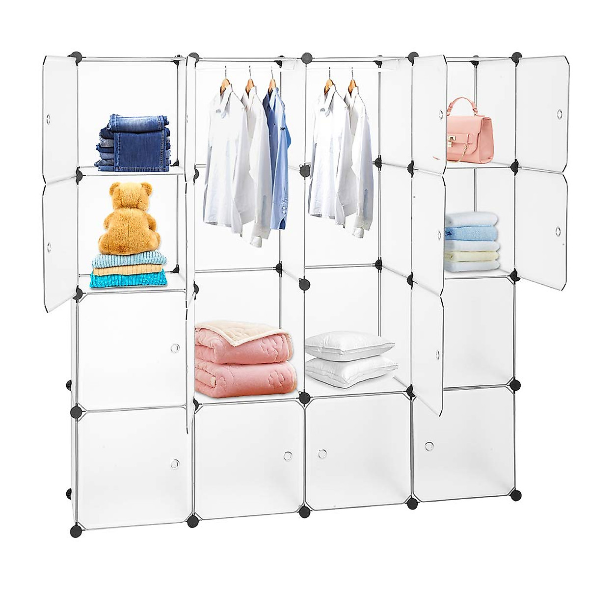 VINGLI Portable Closet Wardrobe, Cube Storage Organizer, Plastic Storage Closet, Shelf Unit, DIY Cube Shelves with Doors and Hanging Rods, 15 Cubes