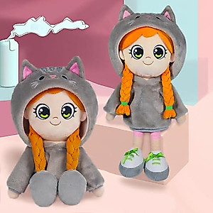 17" Soft Baby Doll Toys, My First Baby Doll with Grey Cute Kitten Character Hoodie Cloth, Soft Stuffed Rag Dolls for Toddler Kids Infants