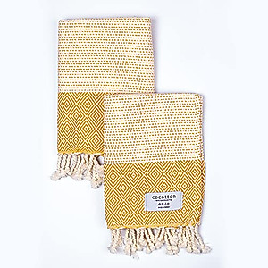 COCOTTON Boho Diamond Turkish Hand Towels Set of 2 | 100% Cotton 16 x 40 Inches | Decorative Bathroom Hand Hair Face Gym Yoga Dishcloth Tea Kitchen Light Weight Quick Dry Farmhouse Towel (Mustard)