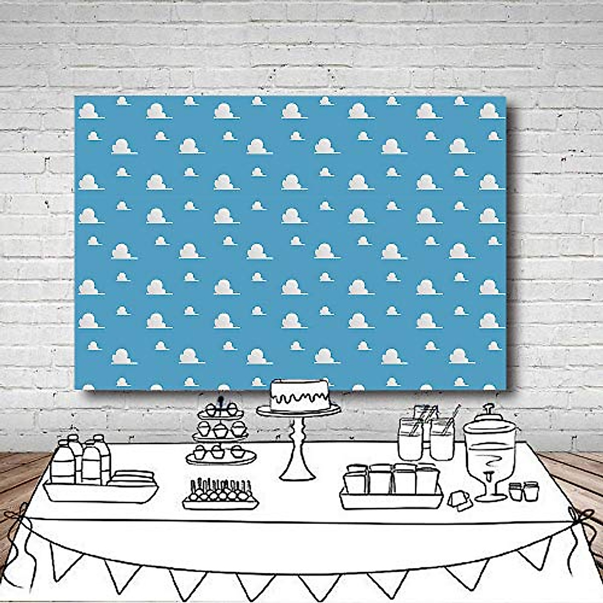 Fanghui 7x5FT Cartoon Kids Backdrop Blue Sky White Clouds Background Birthday Party Boy Baby Shower Dessert Table Banner Supplies Photo Booth Props