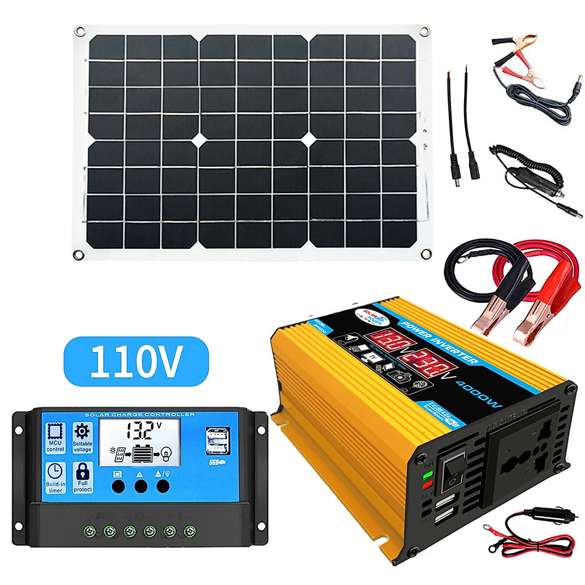 Weytoll Solar Panel System 18V 20W Solar Panel 30A Charge Controller with Dual USB Car Solar Inverter Kit Complete Power Generation Supply for Mobile Phones Sports Cameras, and 12V Car Batteries