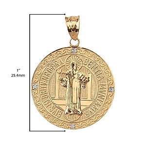 14K Yellow Gold Diamond Accented 1” Round Two Sided Saint Benedict Medalla de San Benito Medal Pendant