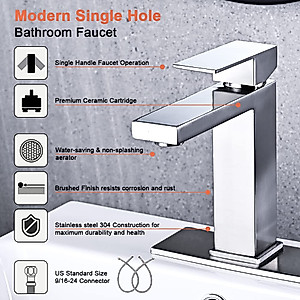 AVSIILE Brushed Nickel Bathroom Faucet, Single Hole Vanity Bath Faucet, Single Handle Modern Stainless Steel Bathroom Faucets for Sink 1 Hole with Pop Up Drain Stopper & Water Supply Hoses