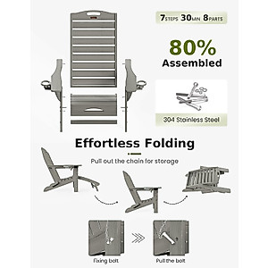 Ciokea Folding Adirondack Chair with Retractable Ottoman Fire Pit Patio Chair with Pull Out Foot Rest Weather Resistant Lawn Outdoor Lounge Chair with 2 Cup Holder (Grey)