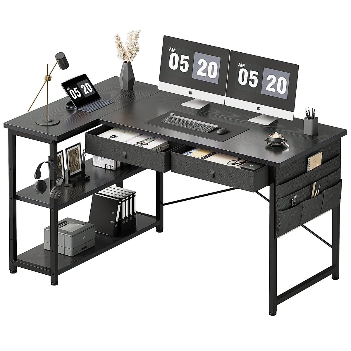Ｍａｉｈａｉｌ Maihail Home Office Desk with Drawers and Shelves, 47” Computer Corner Desk for Small Space, Small L Shaped Desk with Side Storage for Bedroom, Black