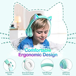 LOBKIN Bluetooth 5.3 Kids Headphones with Case - RGB LED Light Up Cat Ears Foldable Adjustable On-Ear Headset Support Wireless or 3.5mm Wired Mode for Toddler & Girls & Boys Teens (Green)