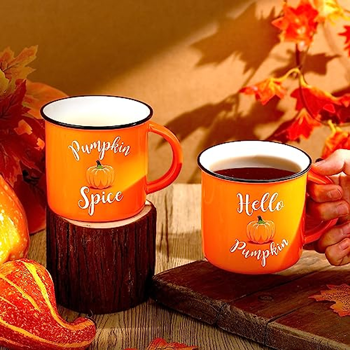Mumufy 2 Pcs 14oz Hello Pumpkin Fall Mugs Pumpkin Spice Autumn Coffee Mug Orange Pumpkin Mug Campfire Autumn Coffee Cups for Happy Halloween Thanksgiving Decor Kitchen Decorations Thank You Gift