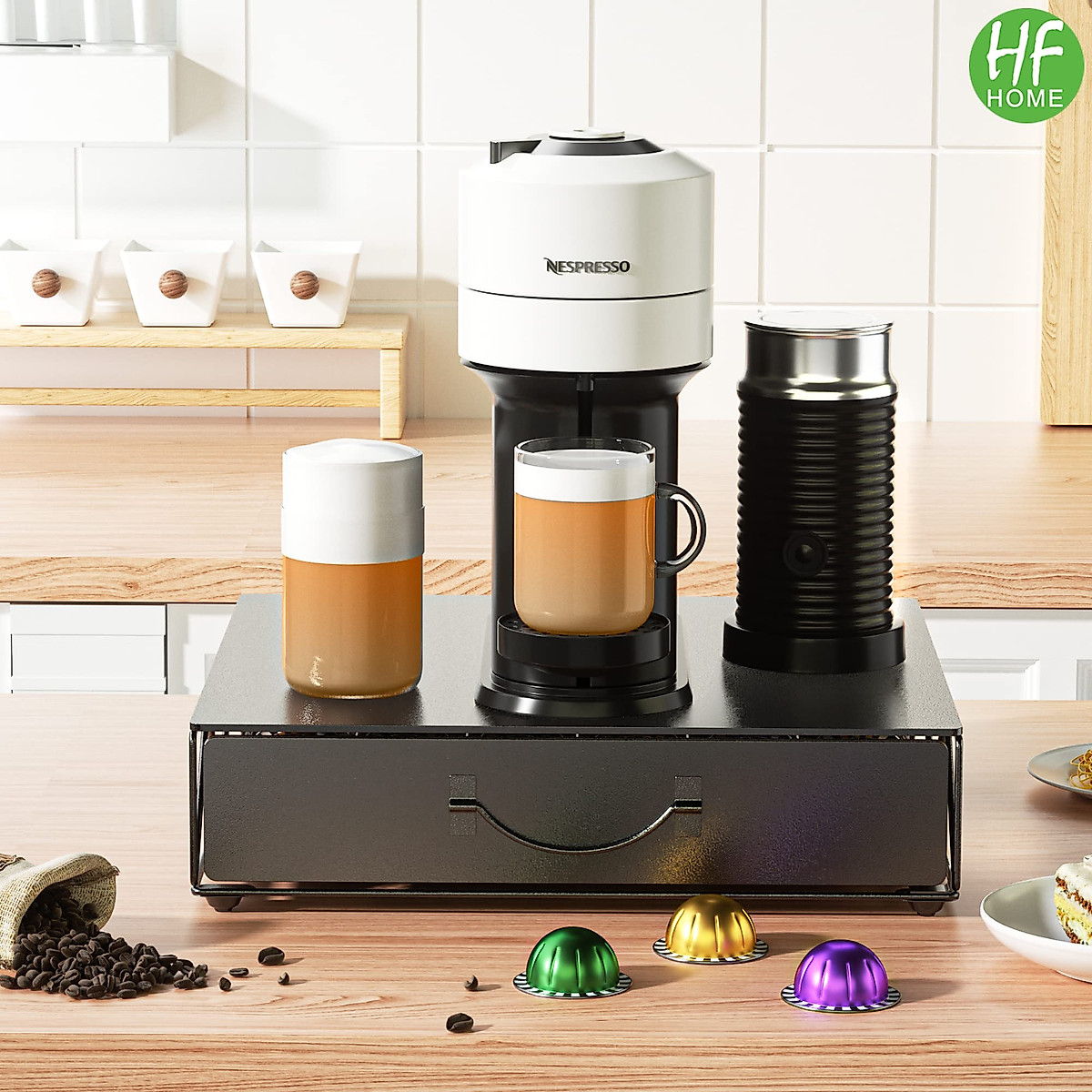 HFHOME Coffee Pod Drawer, 48 Vertuoline Coffee Pods Holder, Pods Storage Drawer Holder for 36 K Cup, Metal Coffee Station for Nespresso Vertuo Capsules for Home Office Counter, Black