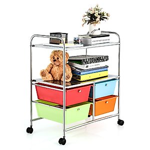 COSTWAY Rolling Storage Cart w/ 4 Drawers 2 Shelves, Home Office Utility Organizer Cart with Wheels, Mobile Storage Drawer Cart, Rolling Metal Storage Cart for Home Office Kitchen School Beauty Salon