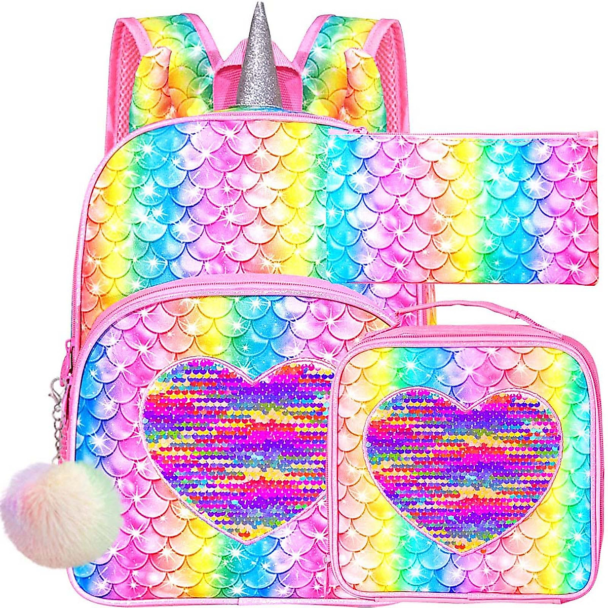 gxtvo 3PCS Backpack for Girls, 14.5" Mermaid Sequin Preschool Elementary Bookbag and Lunch Box