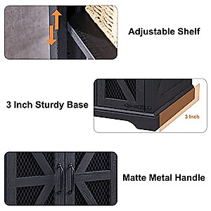 JXQTLINGMU Farmhouse End Table, 24" Large Sofa Side Table with Charging Station, Mesh Barn Door, and Adjustable Storage Shelf, Rustic Wood Square Nightstand for Living Room, Bedroom, Office, Black