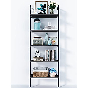 ODK 5-Tier Ladder Shelf, 74 Inches Wall Mounted Ladder Bookshelf with Metal Frame, Open Industrial Shelves for Home Office, Bedroom and Living Room, Black