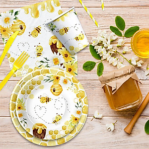 YJRJSC Bee Baby Shower Decorations Paper Plates And Napkins Party Supplies - Bee Birthday Party Decorations Tableware, Plate, Cup, Napkin, Fork, Bumble Theme Bee Day Decorations Dinnerware | Serves 24