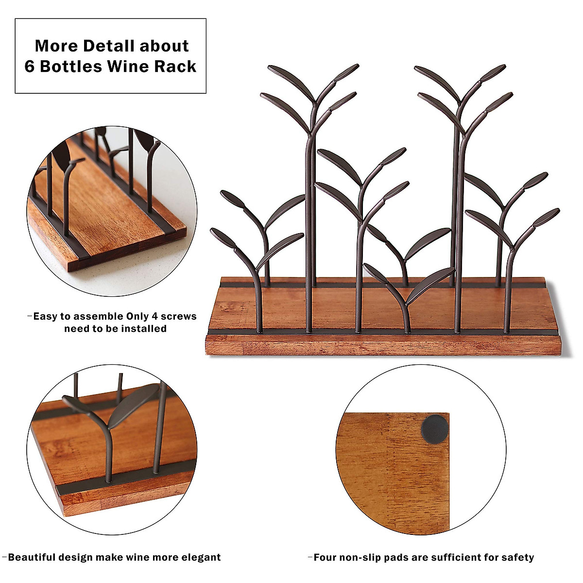 ALLCENER Countertop Bottle Rack, Tabletop Wood Bottle Holder, Hold 6 Bottles, Perfect for Home Decor & Kitchen Storage Rack, Bar, Cellar, Cabinet, Pantry, etc, Wood & Metal (Bronze)