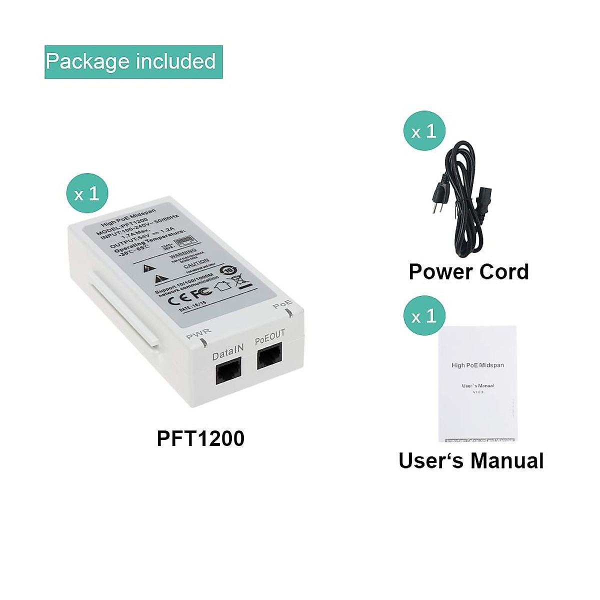 PFT1200 60W Gigabit Ultra POE Injector Single Port Hi-POE Midspan 802.3at/af, 10/100/1000Mbps, POE+ Injector for High Power Consumption PTZ Camera and Cascade Deployment with POE Extender