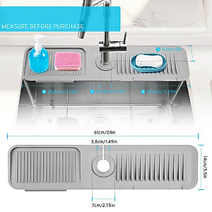 24 Inch Longer Kitchen Sink Splash Guard,Silicone Mat for Faucet 5° Slope Draining Mat for Kitchen Sink Faucet Drying Mat Drip Mat Protectors for Kitchen Sink(Grey 24.0" x 5.5")