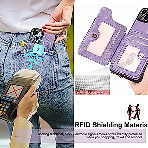 JanCalm for iPhone 14 Case,Phone Case for iPhone 13,Card Holder Wallet,Ring Holder Stand,RFID-Blocking,Wrist Strap,Camera Protector,Leather Protective Magnetic Flip Cover for iPhone 13/14 (Purple)