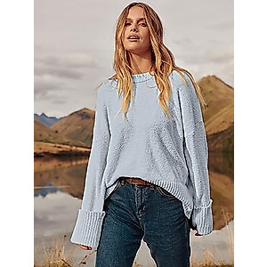 ANRABESS Women's Oversized Crewneck Long Sleeve Fuzzy Knit Casual Chunky Warm 2025 Fall Pullover Sweaters Top Trendy Outfits Light Blue Small