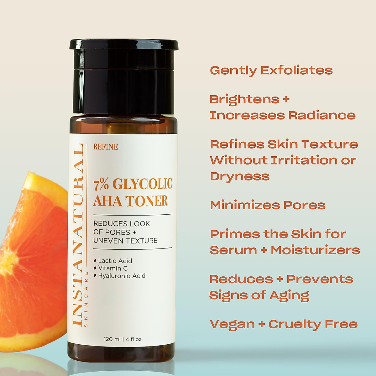 InstaNatural 7% Glycolic AHA Face Toner, Brightens, Reduces The Look of Pores and Uneven Texture, Gently Exfoliates, with Lactic Acid, Witch Hazel and Vitamin C, 4 Fl Oz