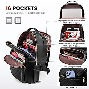 LOVEVOOK Laptop Backpack for Women, Faux PU Leather Quilted Backpack Purse, Business Computer Travel Work Bags, Nurse Backpack for Work, Fits 15.6-Inch Laptop, Black