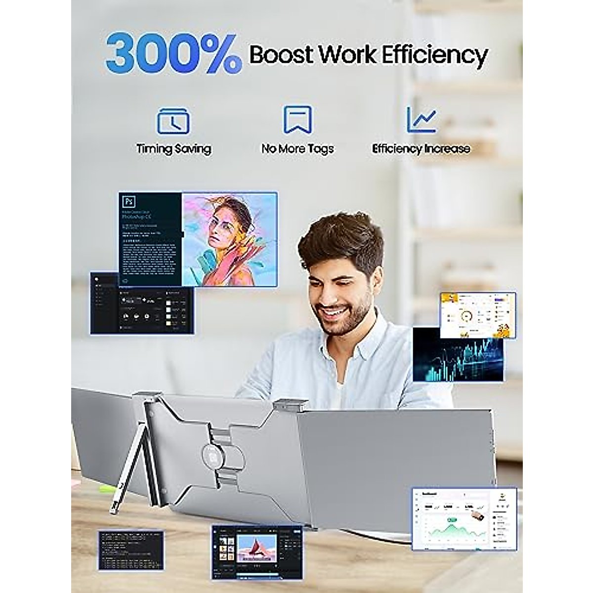 FQQ 14” Triple Laptop Monitor Extender, 1920*1200P FHD IPS Portable Monitor for 15” - 17.3" Laptop, 16:10, Dual Monitor Display for Win/MAC, HDMI/USB-C Plug & Play (Not for Linux Chromebook), S15 Gray
