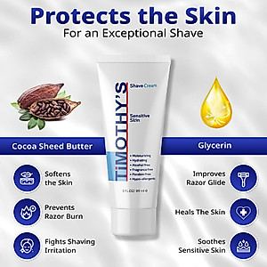 Timothy's Unscented Shave Cream 6 ounce Sensitive Skin, Fragrance Free, Alcohol Free, Paraben Free