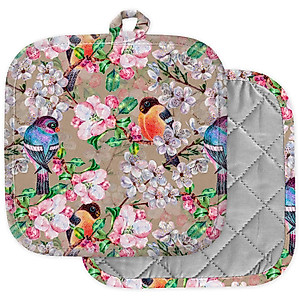 [Pack of 2] Pot Holders for Kitchen, Washable Heat Resistant Pot Holders, Hot Pads, Trivet for Cooking and Baking ( Watercolor Flowers Cherry Apple Bird )