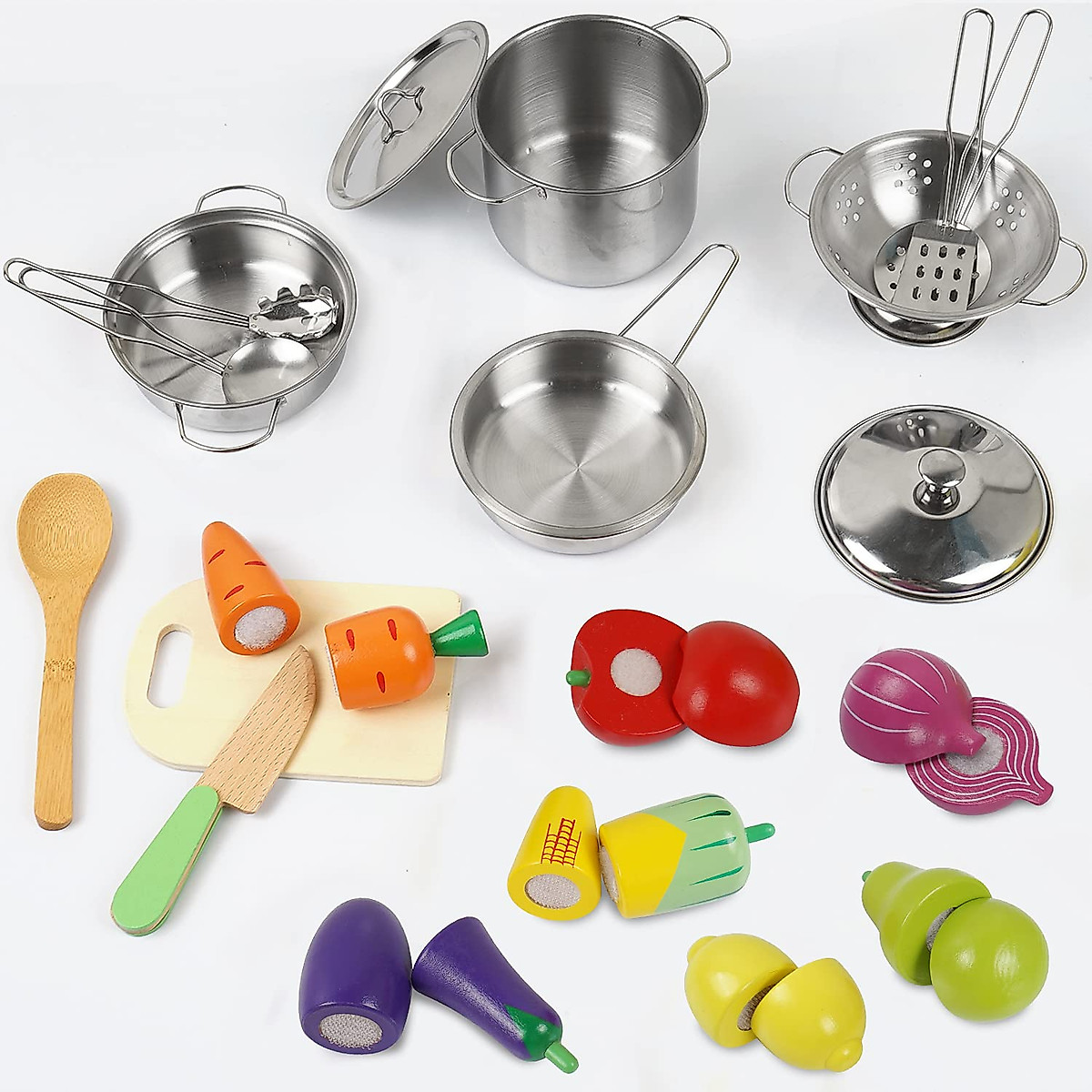 Sundaymot Play Kitchen Accessories, Wooden Play Food, Cooking Set with Stainless Steel Cookware Pots and Pans Utensils, Apron, Chef Hat, ​Cutting Food Kitchen Playset for Girls and Boys