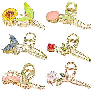 6 Pcs Flower Metal Hair Claw Clips Large Tulip Nonslip Hair Barrettes Strong Hold Hair Clamps Fashion Hair Accessories for Woman and Girls With Long Thick Thin Curly Hair
