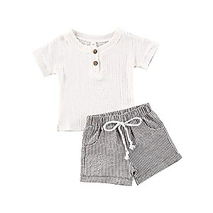Baby Boys Short Sleeve T-Shirt Tops Elastic Waistband Shorts Set Toddler2Pcs Summer Outfits Clothes (Linen White + Strips, 2-3T)
