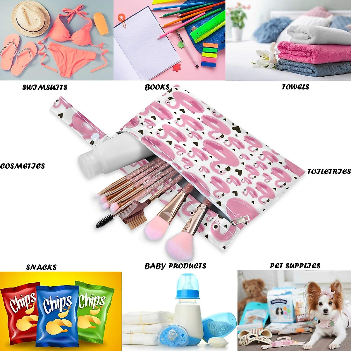 visesunny Abstract Pink Flamingo Black Heart 2Pcs Wet Bag with Zippered Pockets Washable Reusable Roomy for Travel,Beach,Pool,Daycare,Stroller,Diapers,Dirty Gym Clothes, Wet Swimsuits, Toiletries